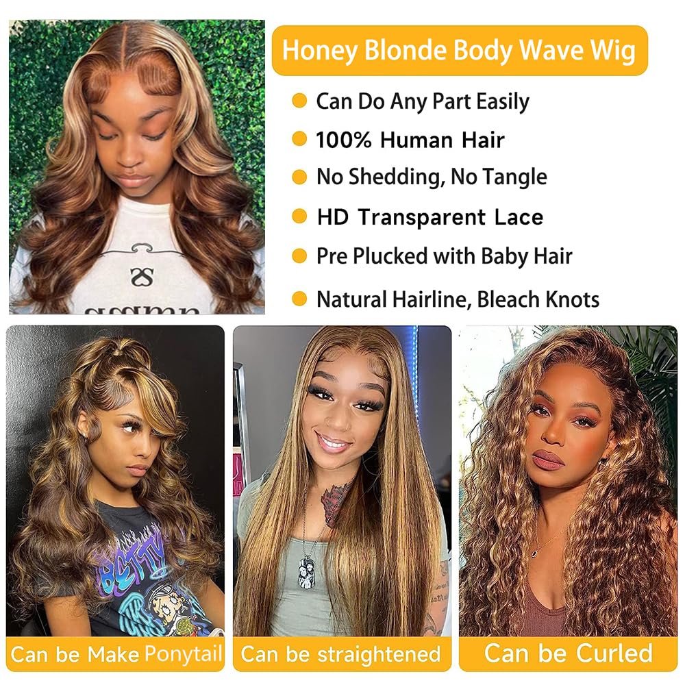 WOWQUEEN Ombre Lace Front Wig Human Hair 4/27 Highlight Honey Blonde 13x4 HD Transparent Lace Front Wigs Human Hair Pre Plucked Colored Glueless Body Wave Frontal Wigs for Women 180% Density 26 Inch