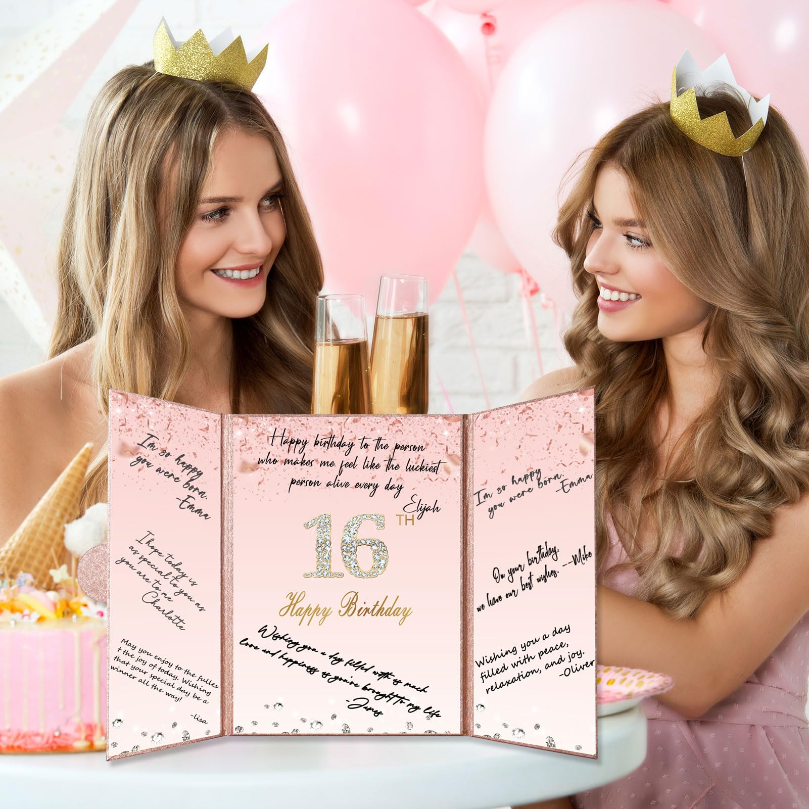 Crenics Sweet 16 Birthday Decorations, Creative Rose Gold 16th Birthday Guest Book Alternative, Large 16th Birthday Signature Book 12" x 18", Great 16 Years Old Birthday Gifts for Girls