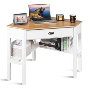 costway corner desk, writing corner computer desk with drawer for small space, wood makeup vanity desk, small corner desk with shelves, office study workstation, white corner desk (natural)