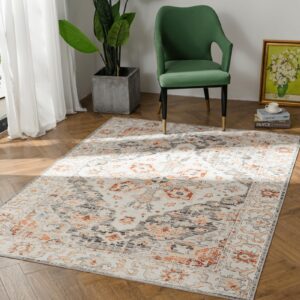 Auemtyn Area Rug, 3x5 Washable Rug for Living Room, Rug with Non-Slip Backing, Stain Resistant Vintage Medallion Rug for Bedroom, Non-Shedding Distressed Rug (3'x5', Beige)