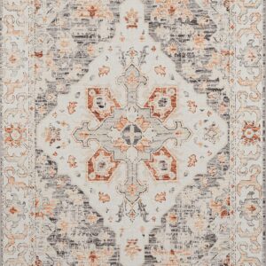 Auemtyn Area Rug, 3x5 Washable Rug for Living Room, Rug with Non-Slip Backing, Stain Resistant Vintage Medallion Rug for Bedroom, Non-Shedding Distressed Rug (3'x5', Beige)