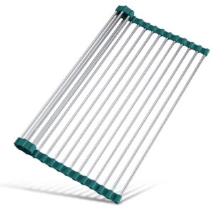 tomorotec stainless steel roll up dish drying rack, foldable over the sink rolling drainer rack, multipurpose kitchen gadget draining caddy organizer, space saving sink accessory storage shelf holder