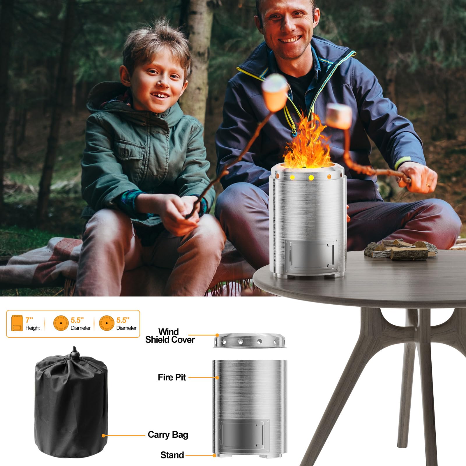 Peiouly Tabletop Fire Pit, 7.3 x 5.5 in, Low Smoke Outdoor Mini Fire Stove for Outdoor & Patio, Fueled by Pellets or Wood, Safe Burning Table Top Firepit, with Travel Bag, 304 Stainless Steel