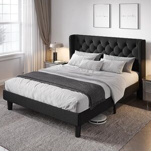 allewie queen size bed frame with button tufted wingback headboard, modern upholstered bed frame with solid wooden slats support - no box spring needed, easy assembly, black