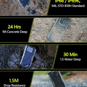 Ulefone Armor 22 Rugged Cell Phones, 16+128GB, 64MP+64MP Dual Cameras, Android 13, 6600mAh, 33W Fast Charging, 3-Card Sot, Face/Fingerprint Unlock, NFC/GPS, 4G LTE Unlocked Smart Phone (Green)