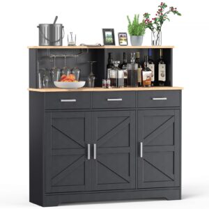 black buffet sideboard storage cabinet - 47" large double-layer kitchen pantry cabinet with 3 drawers & 3 doors, modern liquor coffee bar cabinet buffet table with hutch for dining living room