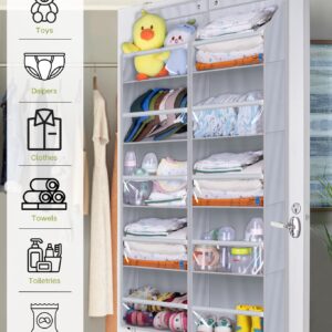 AOODA 2 Pack Over the Door Organizer, Large Capacity Closet Door Hanging Organizer, Clear Deep Pockets Baby Organizer Storage for Nursery, Bathroom, Bedroom, Pantry, Diapers (Grey)