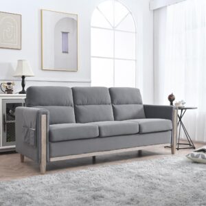 FIRLZY Comfy Three-Seater Solid Wood Sofa - Plush Cushions, Thick Backrest, Sturdy and Enduring - Ideal Couch for Living Room, Apartment, or Bedroom (Gray Velvet, 3-Seater)