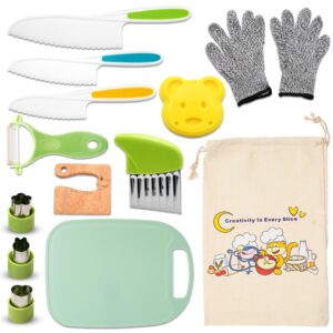 14-piece montessori kitchen tools kids knife set with gloves, cutting board, fruit & vegetable crinkle cutters, safe serrated edges, and plastic toddler knives for real cooking experience - monkey