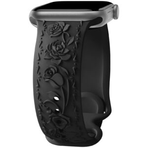 floral engraved band compatible with apple watch band 40mm 41mm 38mm 42mm 44mm 45mm 49mm women, designer soft silicone embossed flower strap for iwatch band series se ultra 9 8 7 6 5 4 3 black 38