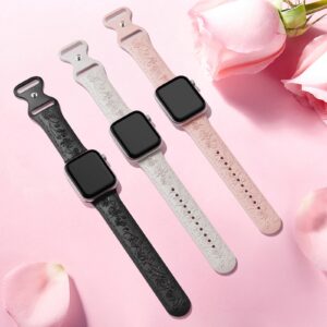 Floral Engraved Band Compatible with Apple Watch Band 40mm 41mm 38mm 42mm 44mm 45mm 49mm Women, Designer Soft Silicone Embossed Flower Strap for iWatch Band Series SE Ultra 9 8 7 6 5 4 3 Black 38