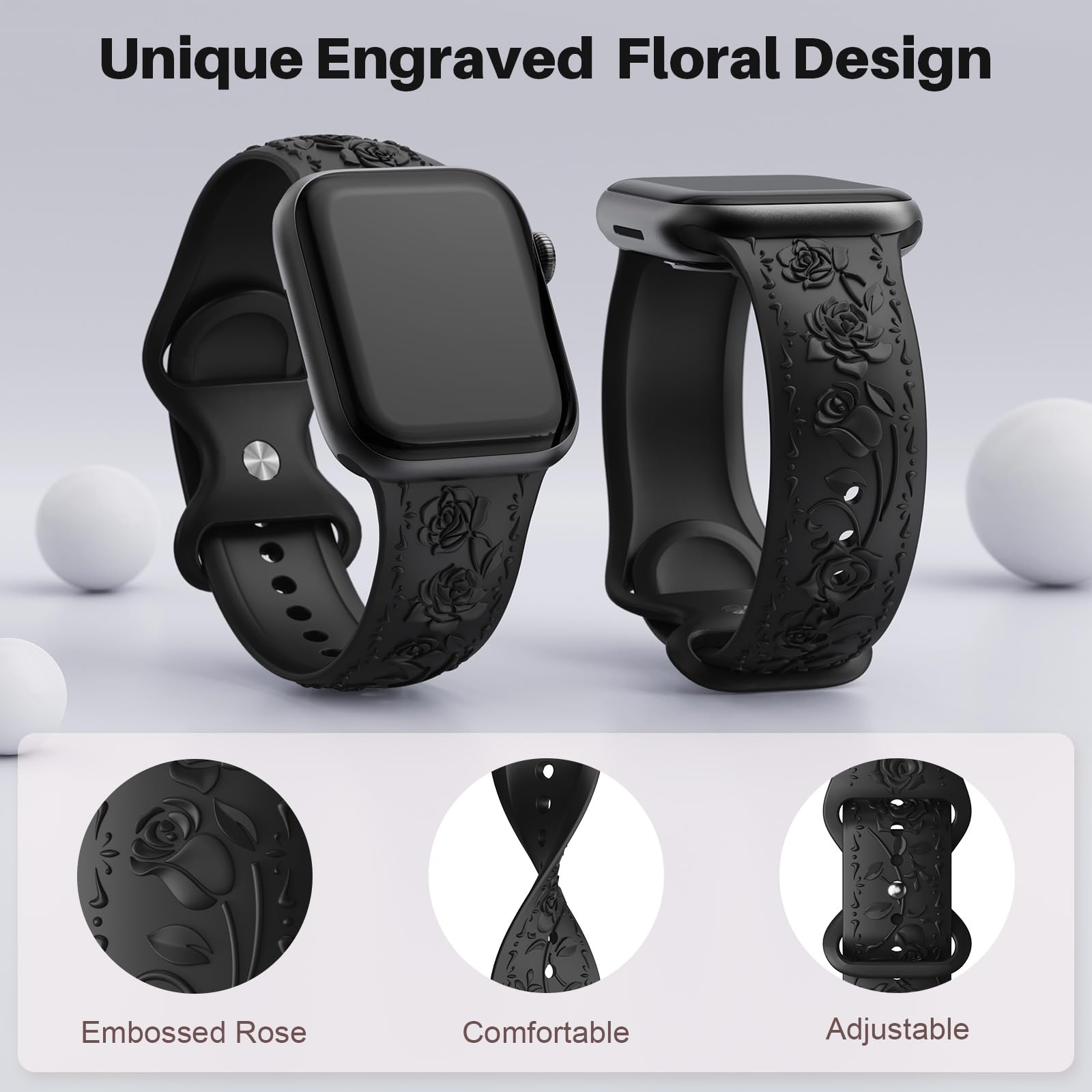 Floral Engraved Band Compatible with Apple Watch Band 40mm 41mm 38mm 42mm 44mm 45mm 49mm Women, Designer Soft Silicone Embossed Flower Strap for iWatch Band Series SE Ultra 9 8 7 6 5 4 3 Black 38