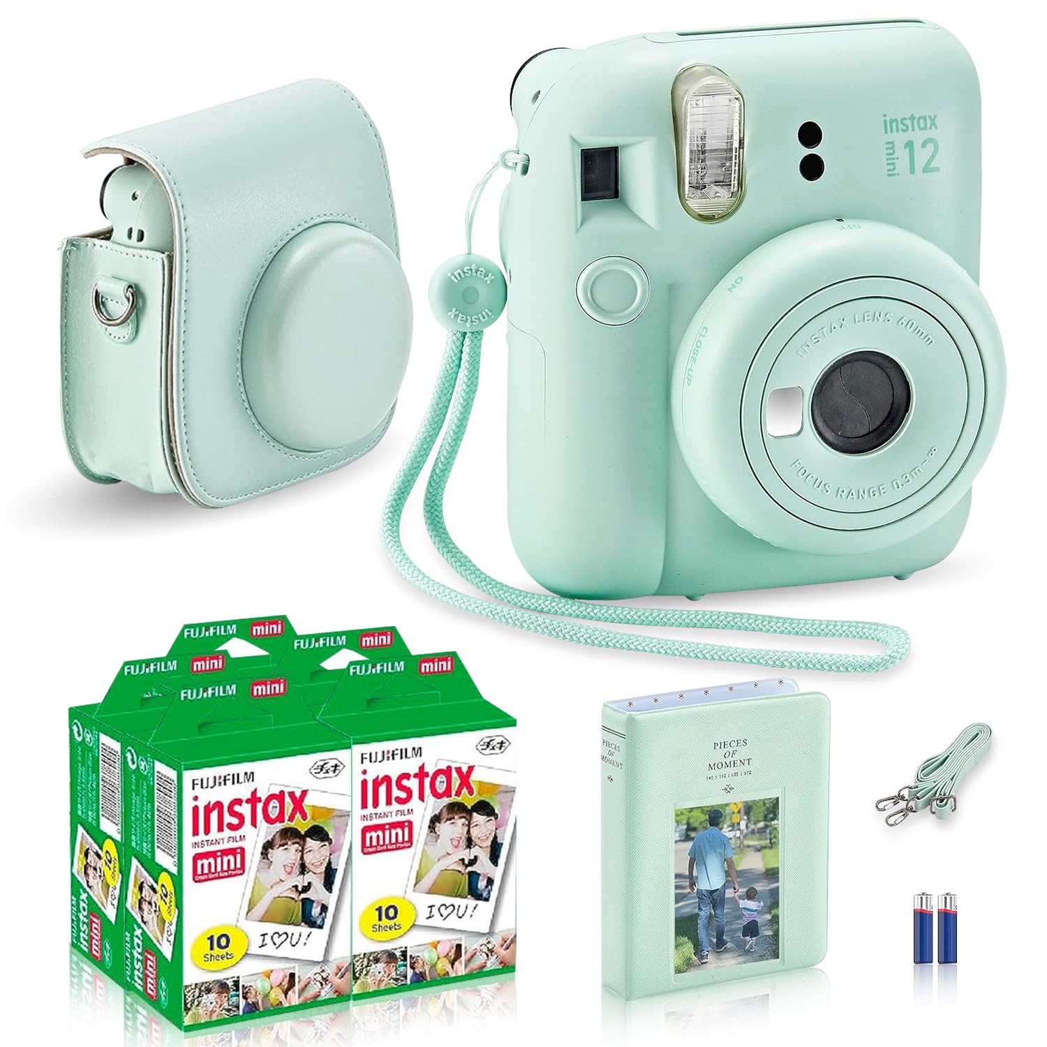 Fujifilm Instax Mini 12 Instant Camera Mint Green + MiniMate Accessory Bundle & Compatible Custom Case + Fuji Instax Film Value Pack (50 Sheets) Designer Photo Album (Mint Green)