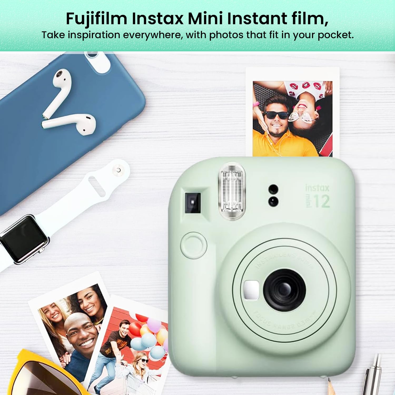 Fujifilm Instax Mini 12 Instant Camera Mint Green + MiniMate Accessory Bundle & Compatible Custom Case + Fuji Instax Film Value Pack (50 Sheets) Designer Photo Album (Mint Green)