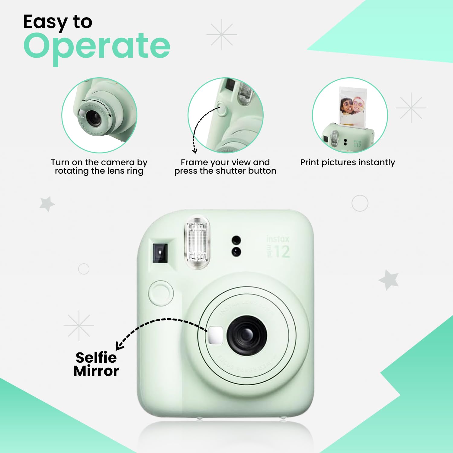 Fujifilm Instax Mini 12 Instant Camera Mint Green + MiniMate Accessory Bundle & Compatible Custom Case + Fuji Instax Film Value Pack (50 Sheets) Designer Photo Album (Mint Green)