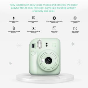 Fujifilm Instax Mini 12 Instant Camera Mint Green + MiniMate Accessory Bundle & Compatible Custom Case + Fuji Instax Film Value Pack (50 Sheets) Designer Photo Album (Mint Green)