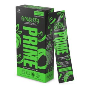 prime hydration+ stick pack | glowberry | 6 sticks | electrolyte drink mix | 10% coconut water | 250mg bcaas | antioxidants | naturally flavored | zero added sugar | easy open single-serve sticks