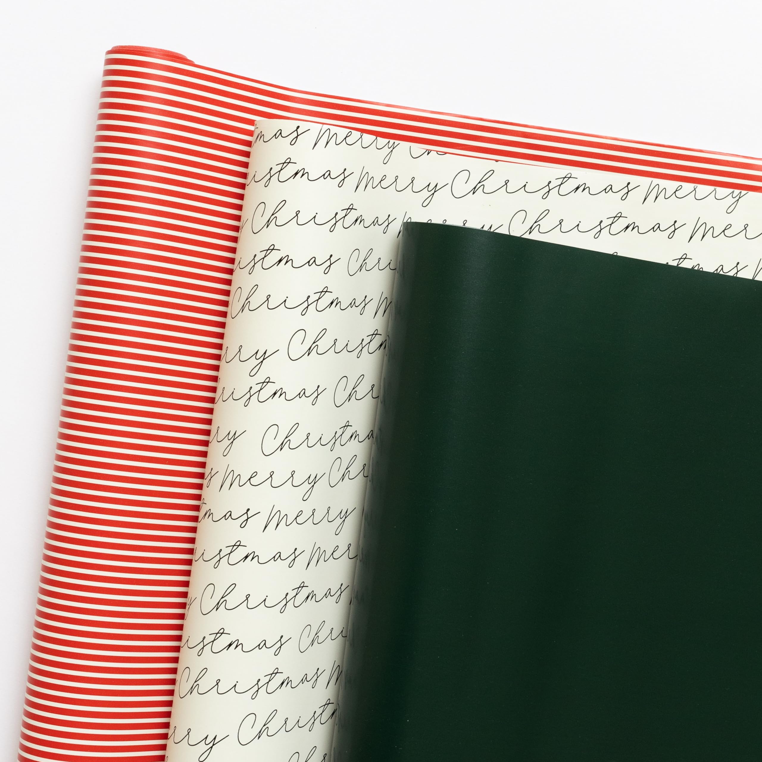 Merry Market 3-pack Premium Satin Christmas Wrapping Paper, Minimal Holiday Gift Wrap, Red Stripe, Solid Green and Merry Christmas - 30” x 168” per roll, 105 square feet total