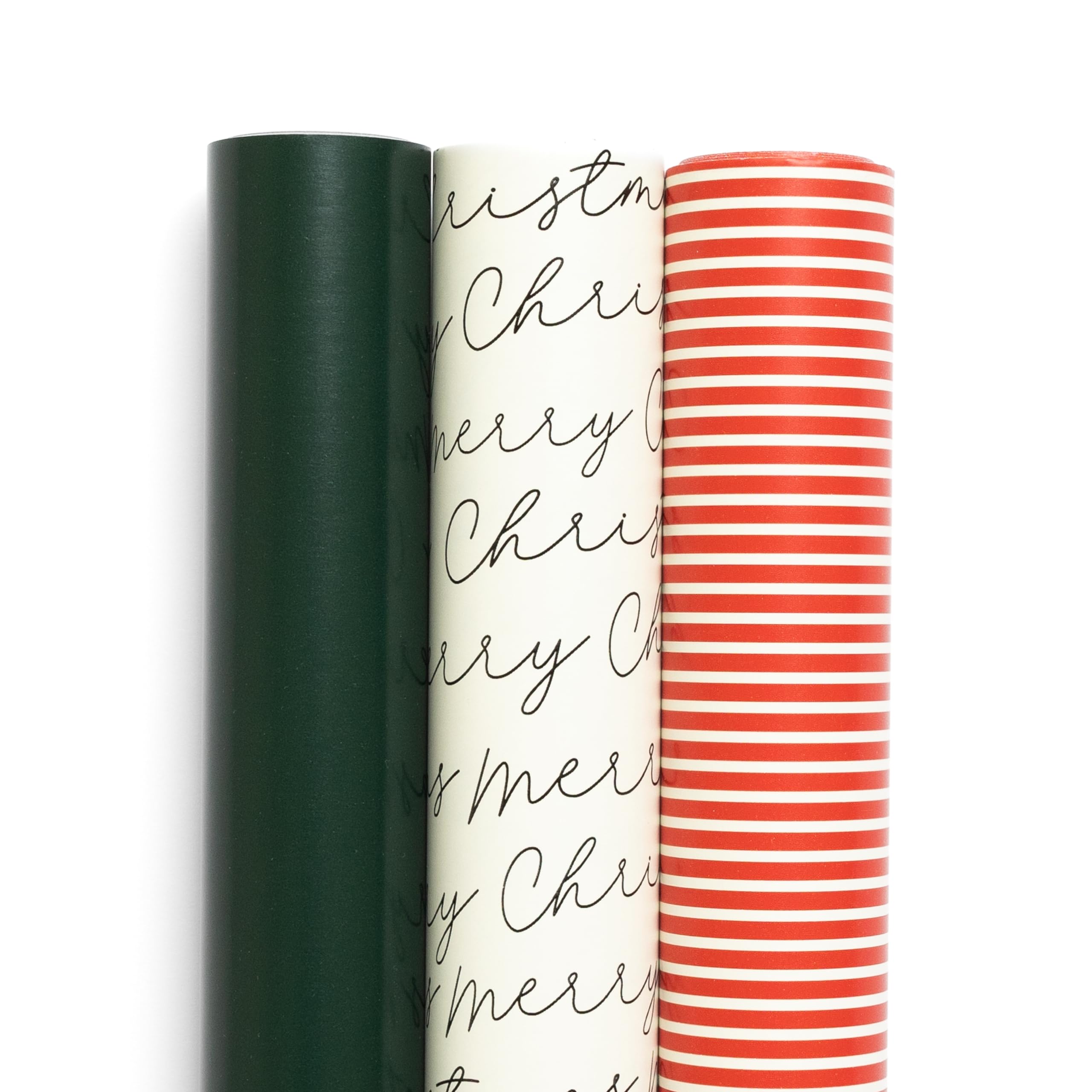 Merry Market 3-pack Premium Satin Christmas Wrapping Paper, Minimal Holiday Gift Wrap, Red Stripe, Solid Green and Merry Christmas - 30” x 168” per roll, 105 square feet total