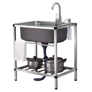 freestanding stainless steel kitchen sink with hot and cold faucet, washing hand basin for restaurant, cafe, bar, hotel, garage, laundry room (size : 52x38cm(20x15inch))