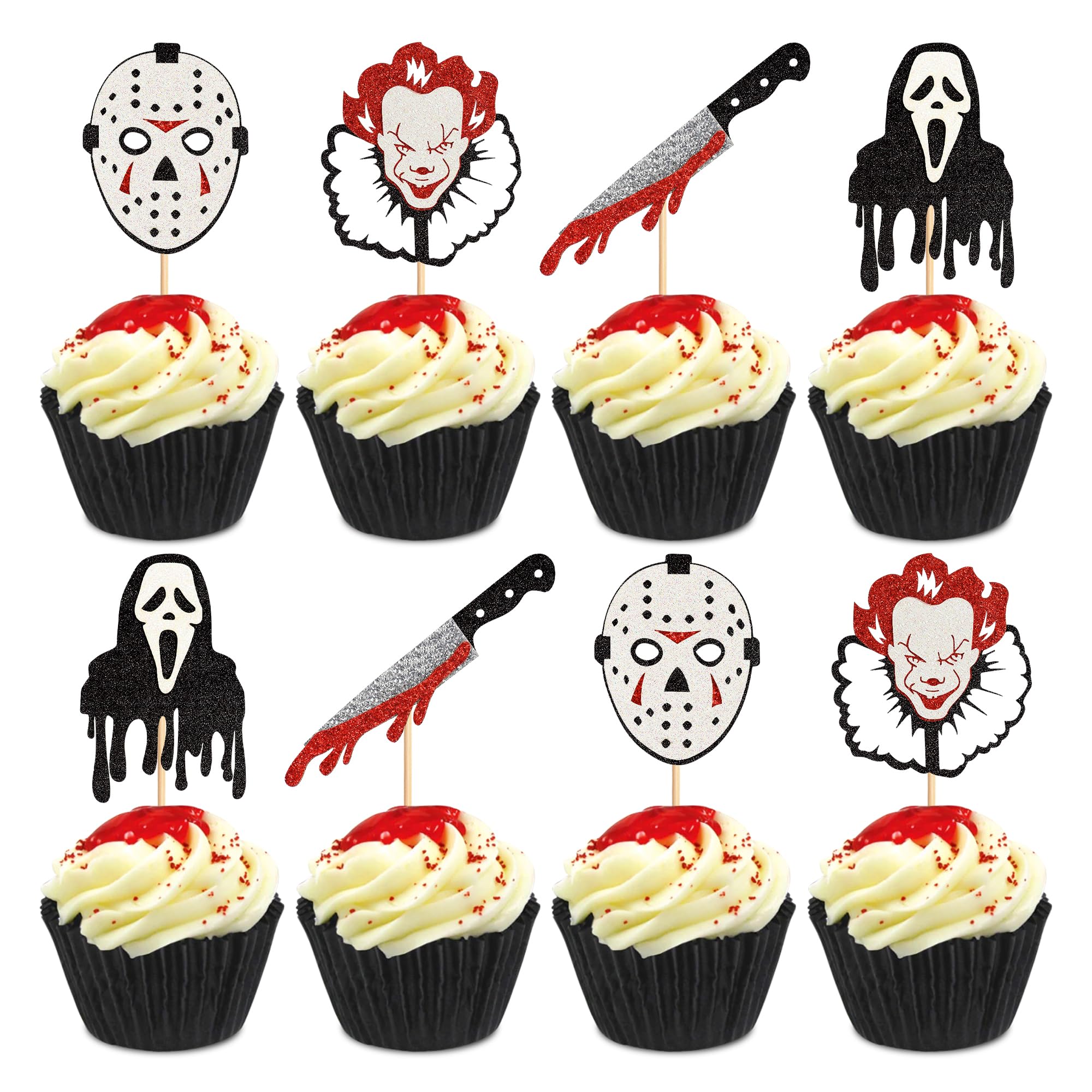 Ercadio Horror Movie Cupcake Toppers, 24pcs Glitter Ghost Picks for Halloween, Birthday Party Cake Decorations Supplies