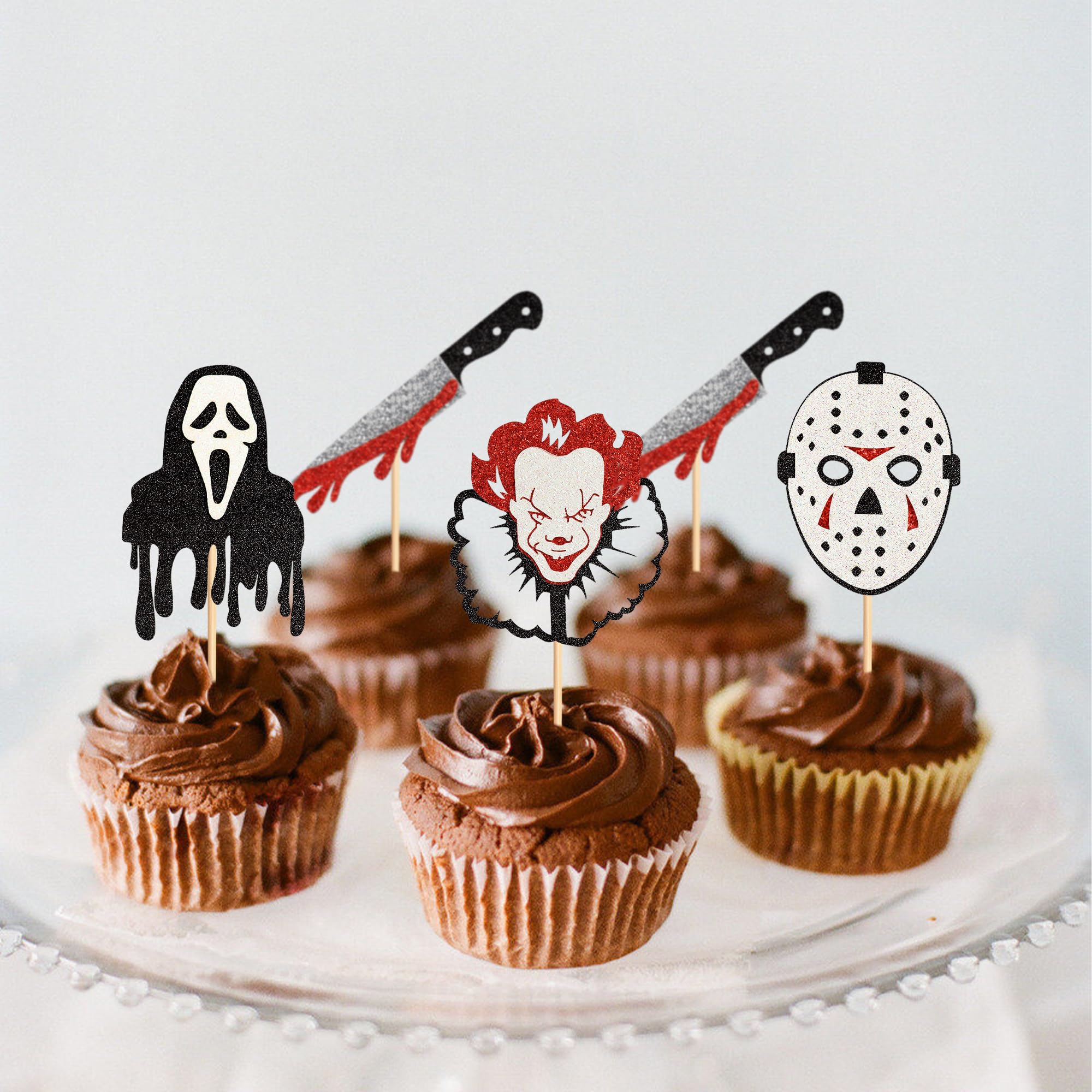 Ercadio Horror Movie Cupcake Toppers, 24pcs Glitter Ghost Picks for Halloween, Birthday Party Cake Decorations Supplies