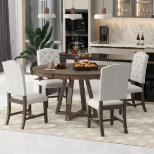 lz leisure zone dining table set for 4, retro functional dining room set, round table with a 16" w leaf and 4 upholstered chairs for dining room/living room, walnut