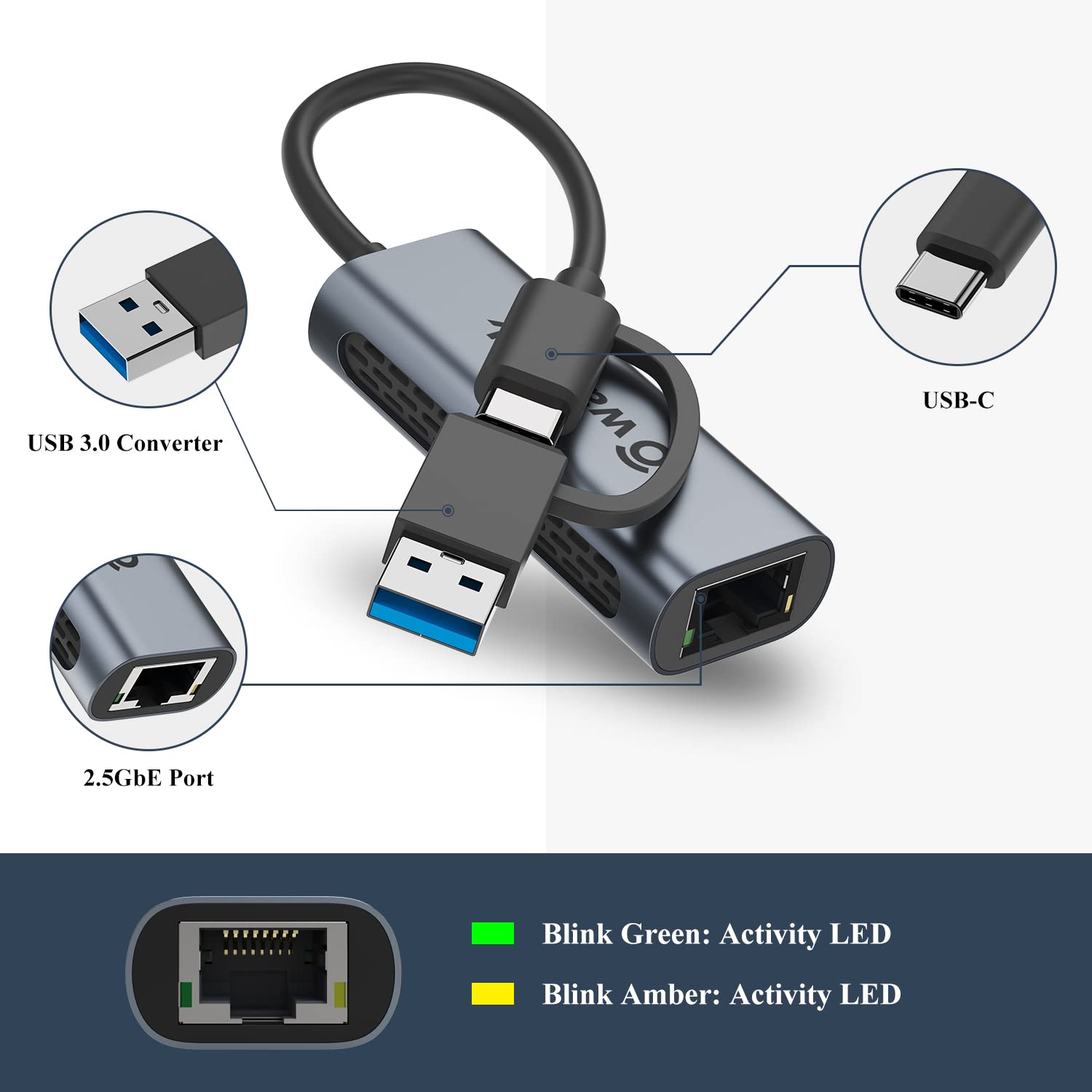 WAVLINK USB to 2.5G Ethernet Adapter, 2-in-1 USB C/USB 3.0 Ethernet Adapter for Laptop Compatible with Thunderbolt 3/4, Ethernet to USB Adapter for MacBook Pro/Air, iPad Pro, Dell XPS, Surface Lapt