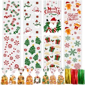 yujun 160 pcs christmas cellophane treat bags,santa claus goodie candy xmas clear cello bags twist ties for winter christmas theme party favor supplies(8 styles)