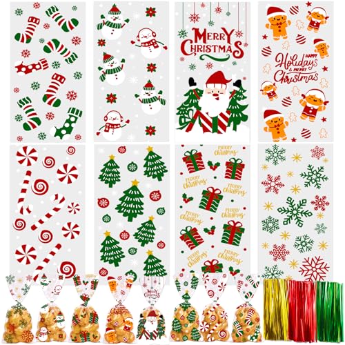 YUJUN 160 PCS Christmas Cellophane Treat Bags,Santa Claus Goodie Candy Xmas Clear Cello Bags Twist Ties for Winter Christmas Theme Party Favor Supplies(8 Styles)