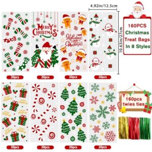 YUJUN 160 PCS Christmas Cellophane Treat Bags,Santa Claus Goodie Candy Xmas Clear Cello Bags Twist Ties for Winter Christmas Theme Party Favor Supplies(8 Styles)