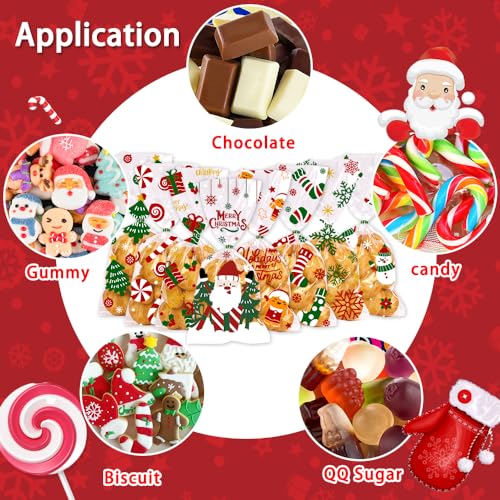 YUJUN 160 PCS Christmas Cellophane Treat Bags,Santa Claus Goodie Candy Xmas Clear Cello Bags Twist Ties for Winter Christmas Theme Party Favor Supplies(8 Styles)