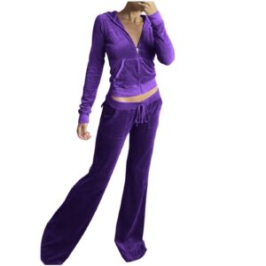 2 piece outfits lounge sets for women zip up casual 2 piece pant sets long sleeve hooded sweatshirts comfy velvet fashion outfits purple xxl