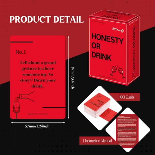 Poen Honesty or Drink Card Game for Adults Drinking Games, 100 Pcs Game Cards Questions Challenges Fun Party Game to Reveal Your Secrets with Drinking Themes, Ideal for Game Night, Couples, and More