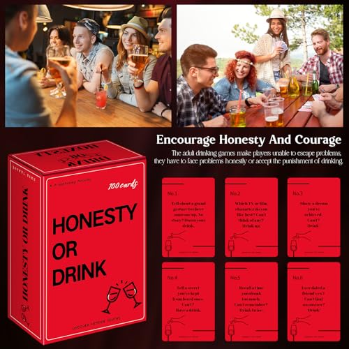 Poen Honesty or Drink Card Game for Adults Drinking Games, 100 Pcs Game Cards Questions Challenges Fun Party Game to Reveal Your Secrets with Drinking Themes, Ideal for Game Night, Couples, and More