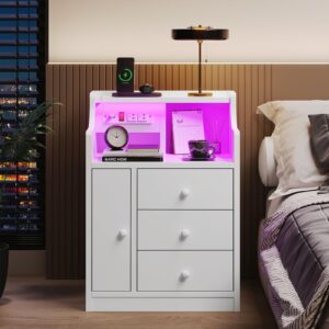 adorneve led nightstand with charging station,night stand with hutch for bedroom,bedside table with drawers,modern end table,white