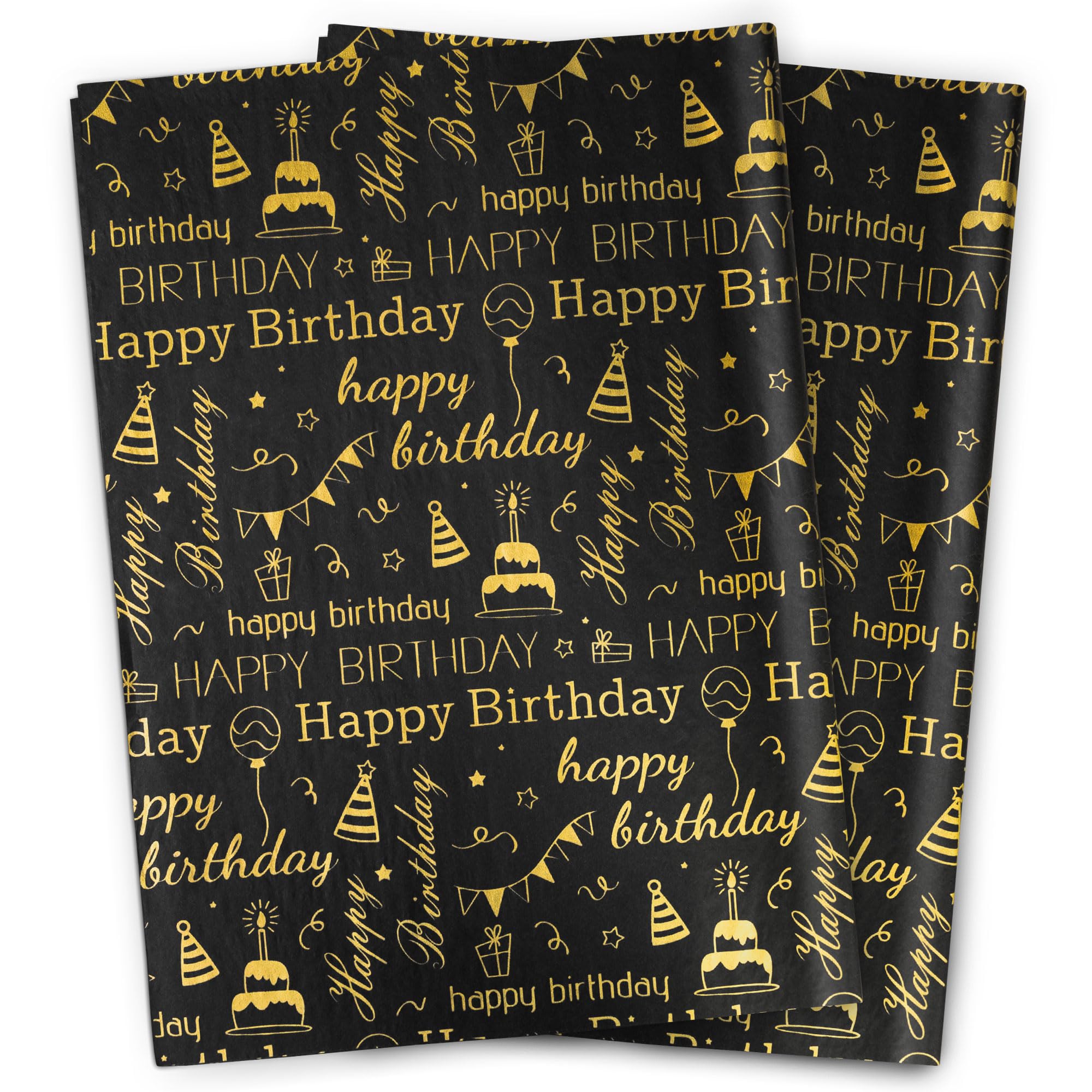 MR FIVE Large Black Gold Birthday Tissue Paper Bulk,20" x 28",Black with Gold Happy Birthday Design Tissue Paper for Gift Bags,Black Gold Happy Birthday Tissue Paper for Birthday Party,30 Sheets