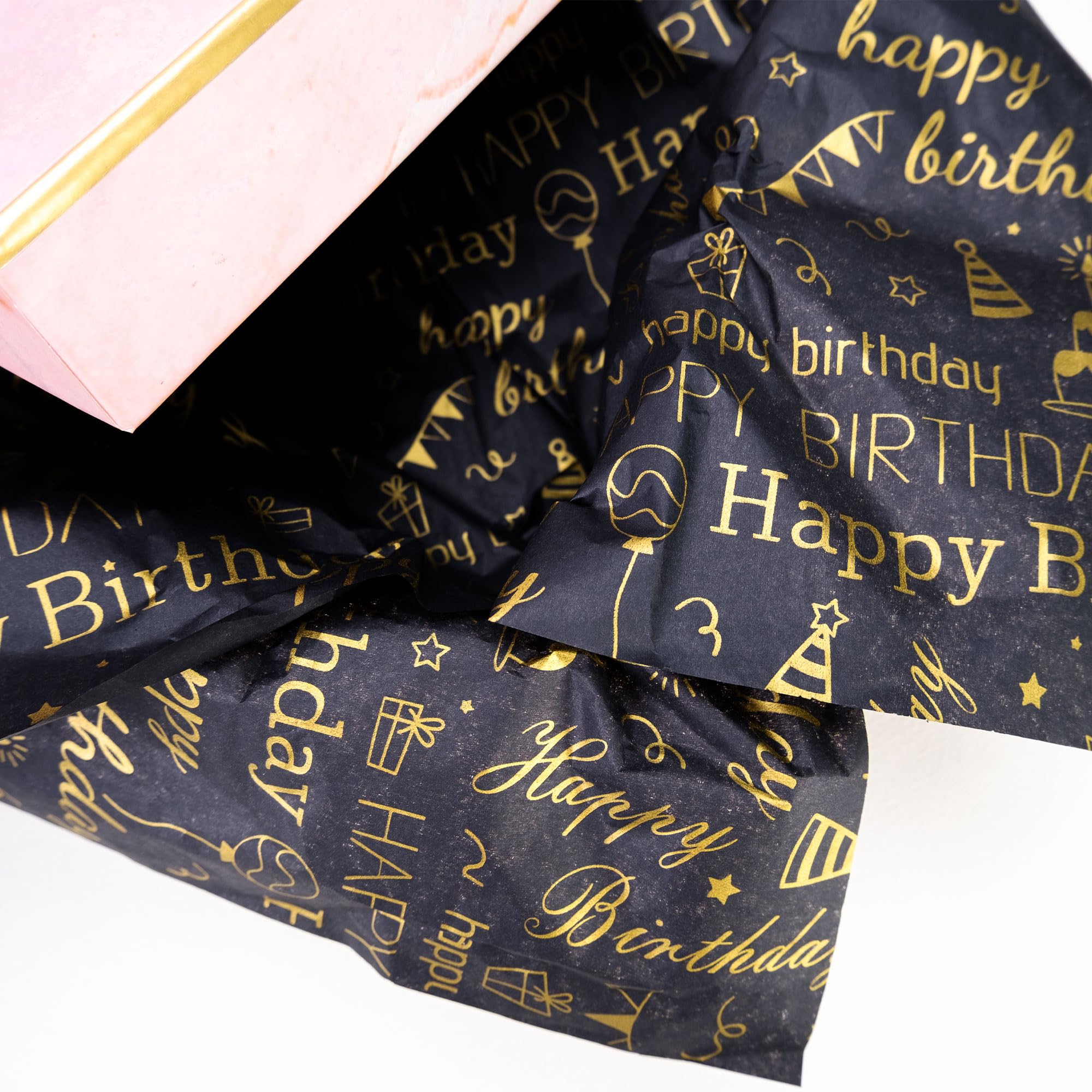 MR FIVE Large Black Gold Birthday Tissue Paper Bulk,20" x 28",Black with Gold Happy Birthday Design Tissue Paper for Gift Bags,Black Gold Happy Birthday Tissue Paper for Birthday Party,30 Sheets