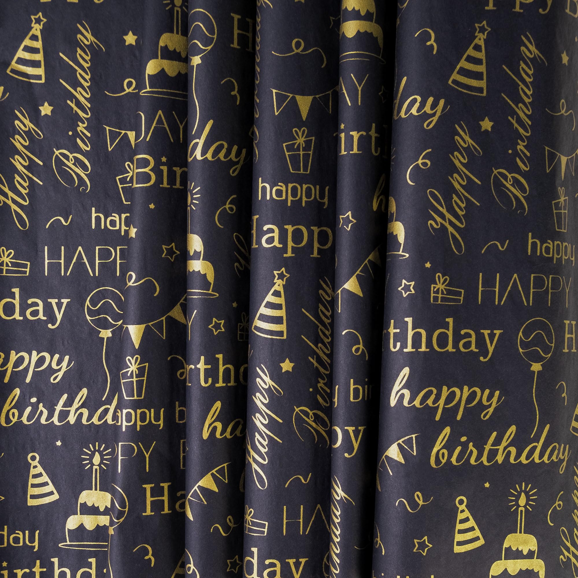 MR FIVE Large Black Gold Birthday Tissue Paper Bulk,20" x 28",Black with Gold Happy Birthday Design Tissue Paper for Gift Bags,Black Gold Happy Birthday Tissue Paper for Birthday Party,30 Sheets