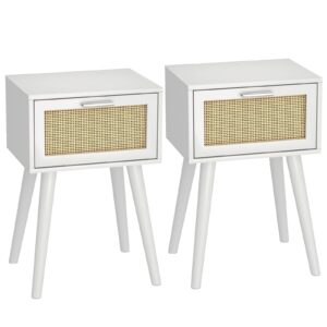 laatooree table, nightstand set of 2 - small end table with rattan door, boho style for bedroom living room - white