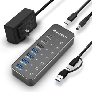 rshtech 7-port powered usb 3.2/usb c hub with 10gbps usb-a 3.2, 2 usb-c 3.2, 4 usb 3.0 ports, individual touch switches, 3.3ft cable and 5v power adapter, usb hub splitter for laptop/pc, rsh-st07c