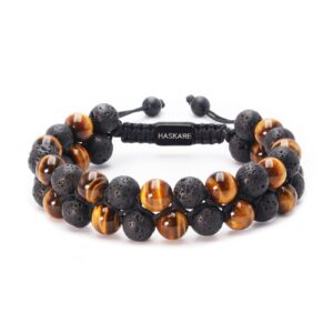 tiger eye bracelet for men, haskare premium tiger eye beads bracelet lava stone bracelet, handmade double protection crystal bracelet mens jewelry father christmas gift for energy protection