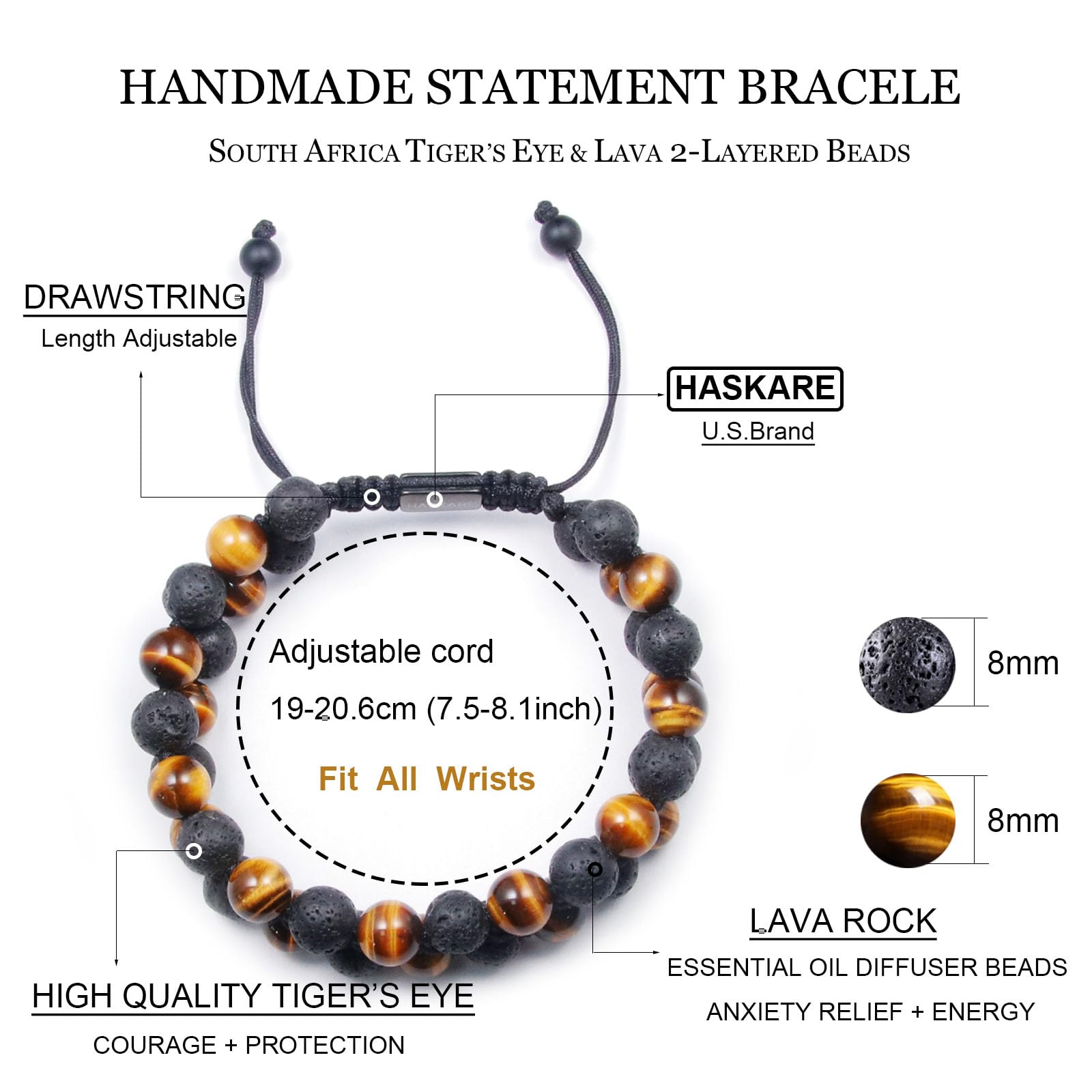 Tiger Eye Bracelet for Men, HASKARE Premium Tiger Eye Beads Bracelet Lava Stone Bracelet, Handmade Double Protection Crystal Bracelet Mens Jewelry Father Christmas Gift for Energy Protection