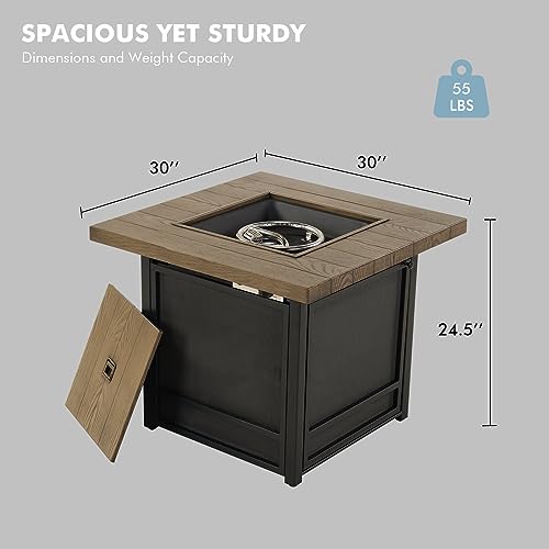 Yangming 30" Propane Gas Fire Pit Table with Lid and Wood Tabletop for Outdoor, 50,000 BTU Propane Fire Table with Lava Rocks, Heavy Duty 2 in 1 Square Firepit Table for Patio/Backyard/Party