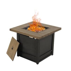 yangming 30" propane gas fire pit table with lid and wood tabletop for outdoor, 50,000 btu propane fire table with lava rocks, heavy duty 2 in 1 square firepit table for patio/backyard/party