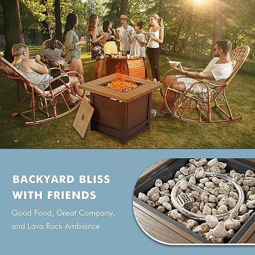 Yangming 30" Propane Gas Fire Pit Table with Lid and Wood Tabletop for Outdoor, 50,000 BTU Propane Fire Table with Lava Rocks, Heavy Duty 2 in 1 Square Firepit Table for Patio/Backyard/Party