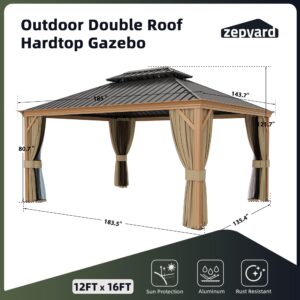 ZEPYARD 12x16 FT Hardtop Gazebo, Metal Outdoor Gazebo with Wood-Grain Coating, Netting and Curtains, Double Galvanized Steel Roof, Patio Hard Top Gazebo for Backyard, Deck, Poolside (Beige)