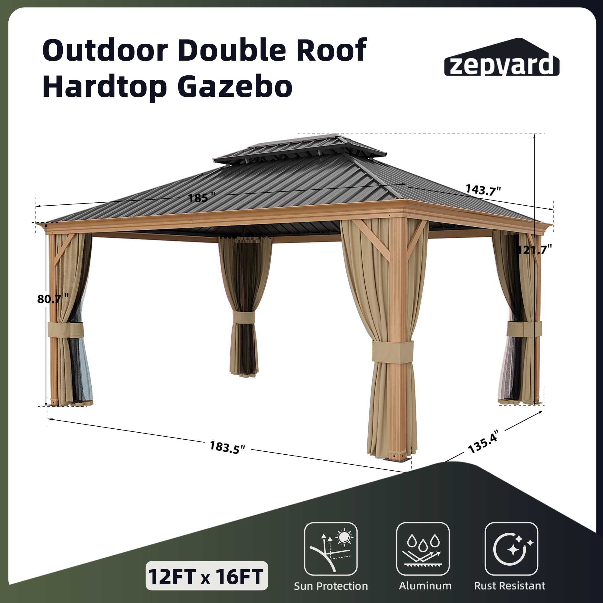 ZEPYARD 12x16 FT Hardtop Gazebo, Metal Outdoor Gazebo with Wood-Grain Coating, Netting and Curtains, Double Galvanized Steel Roof, Patio Hard Top Gazebo for Backyard, Deck, Poolside (Beige)