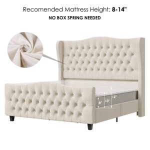 Keyluv Queen Size 54.3” Tall Platform Bed Frame with Deep Button Tufted Wingback Headboard and Footboard, Velvet Upholstered Bed Frame with Handmade Pleats, No Box Spring Needed, Beige/Cream