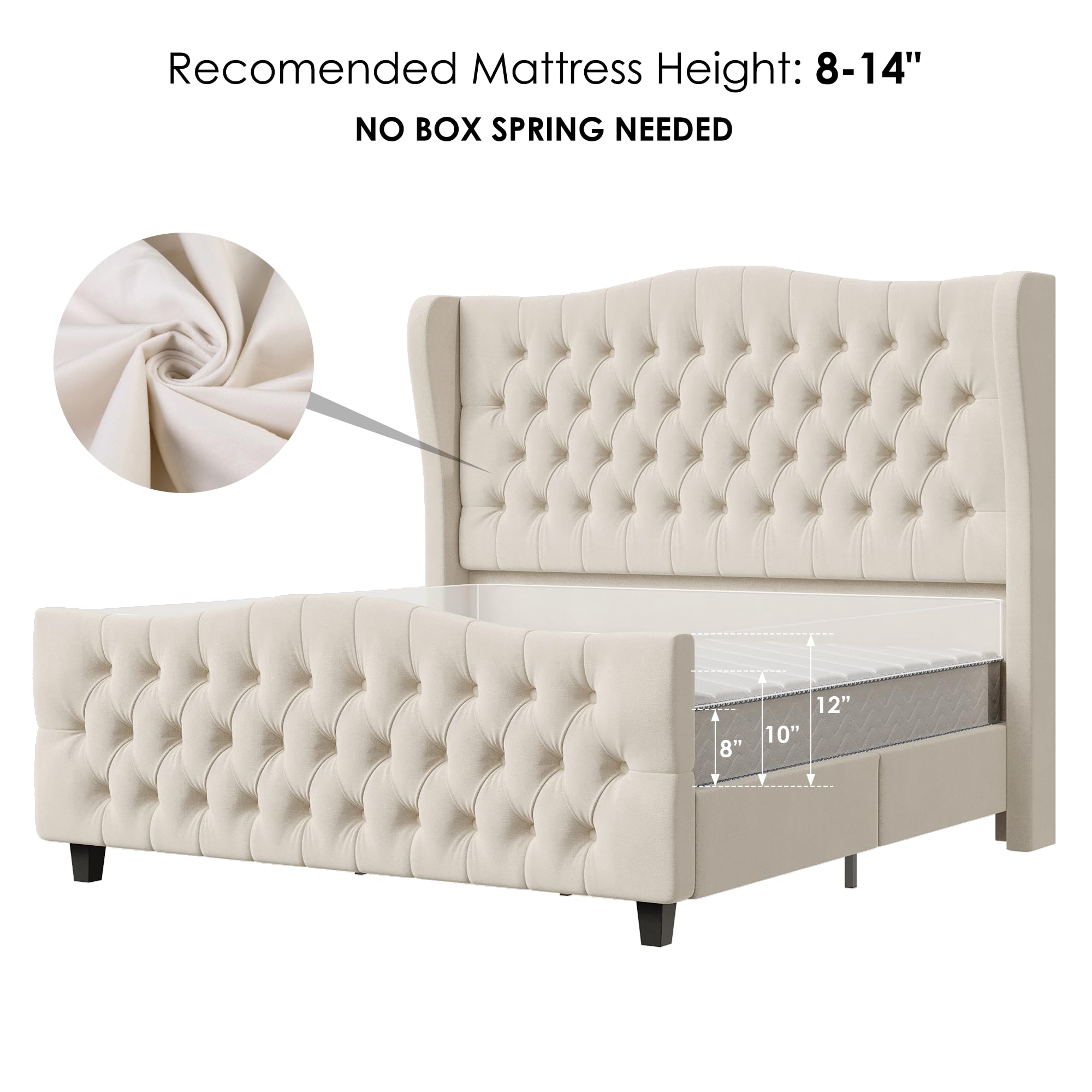 Keyluv Queen Size 54.3” Tall Platform Bed Frame with Deep Button Tufted Wingback Headboard and Footboard, Velvet Upholstered Bed Frame with Handmade Pleats, No Box Spring Needed, Beige/Cream